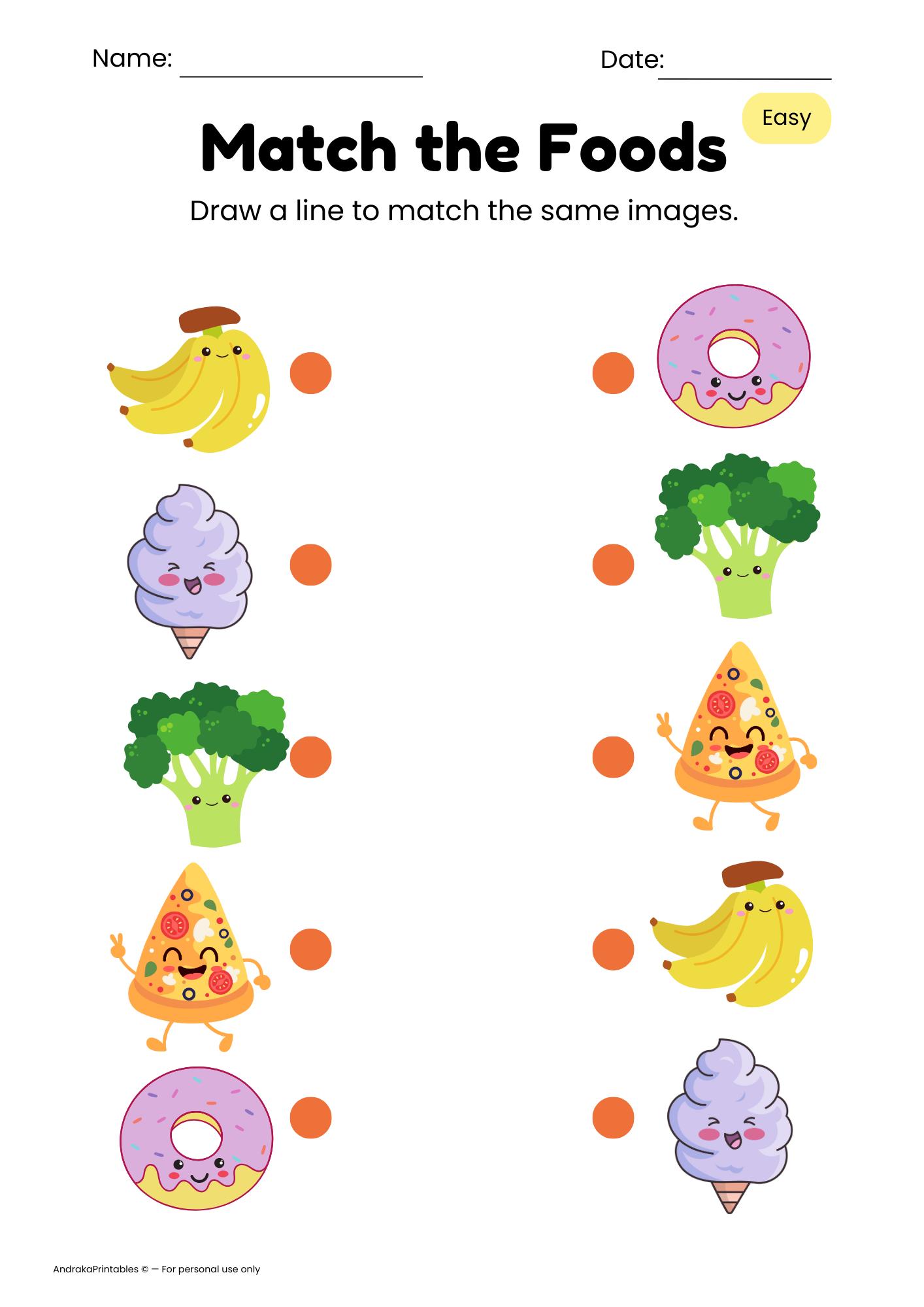 Food Matching Worksheets: Preschool & Kindergarten Learning Activities ...