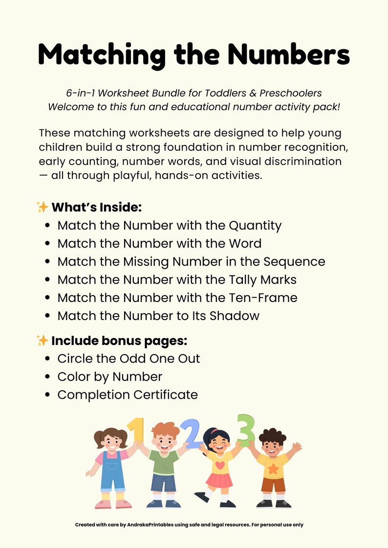 Number Matching Printable Worksheets: Preschool Math Activities (PDF ...