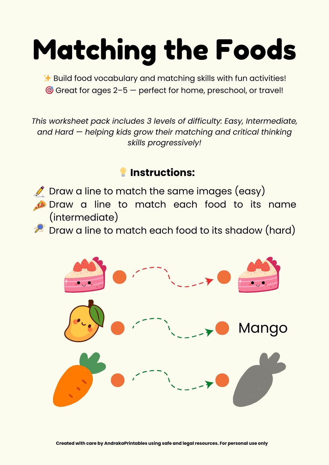 Food Matching Worksheets: Preschool & Kindergarten Learning Activities ...