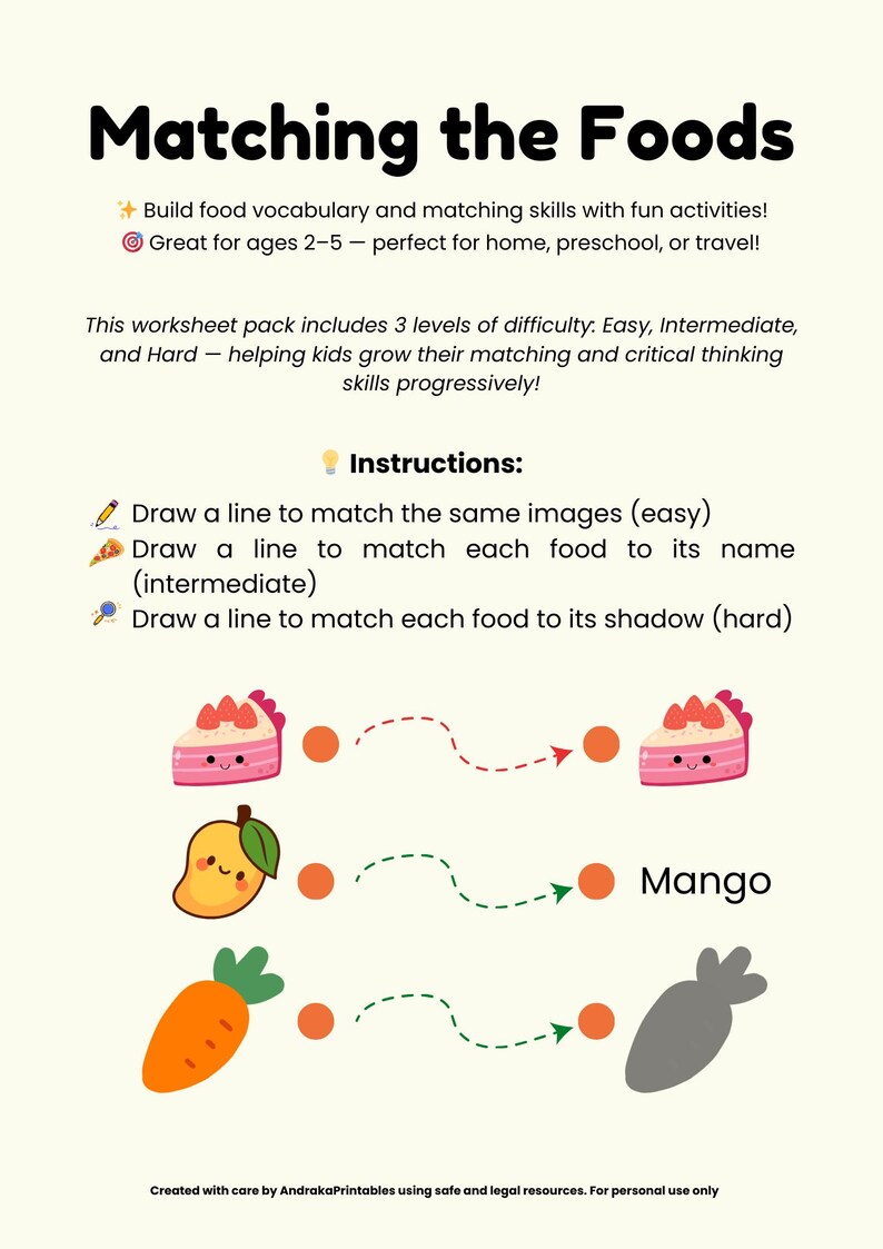 Food Matching Worksheets: Preschool & Kindergarten Learning Activities ...