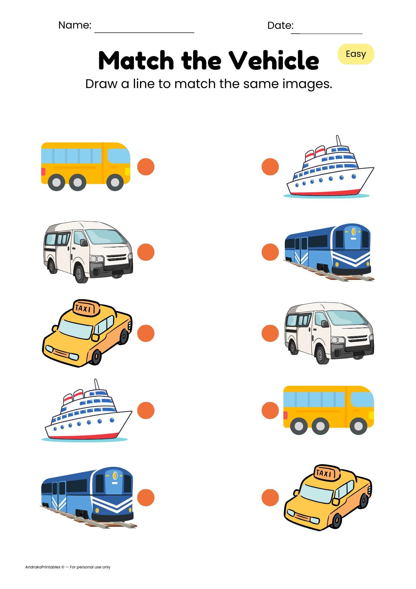 Printable Vehicle Matching Worksheets | Transportation Activities for ...