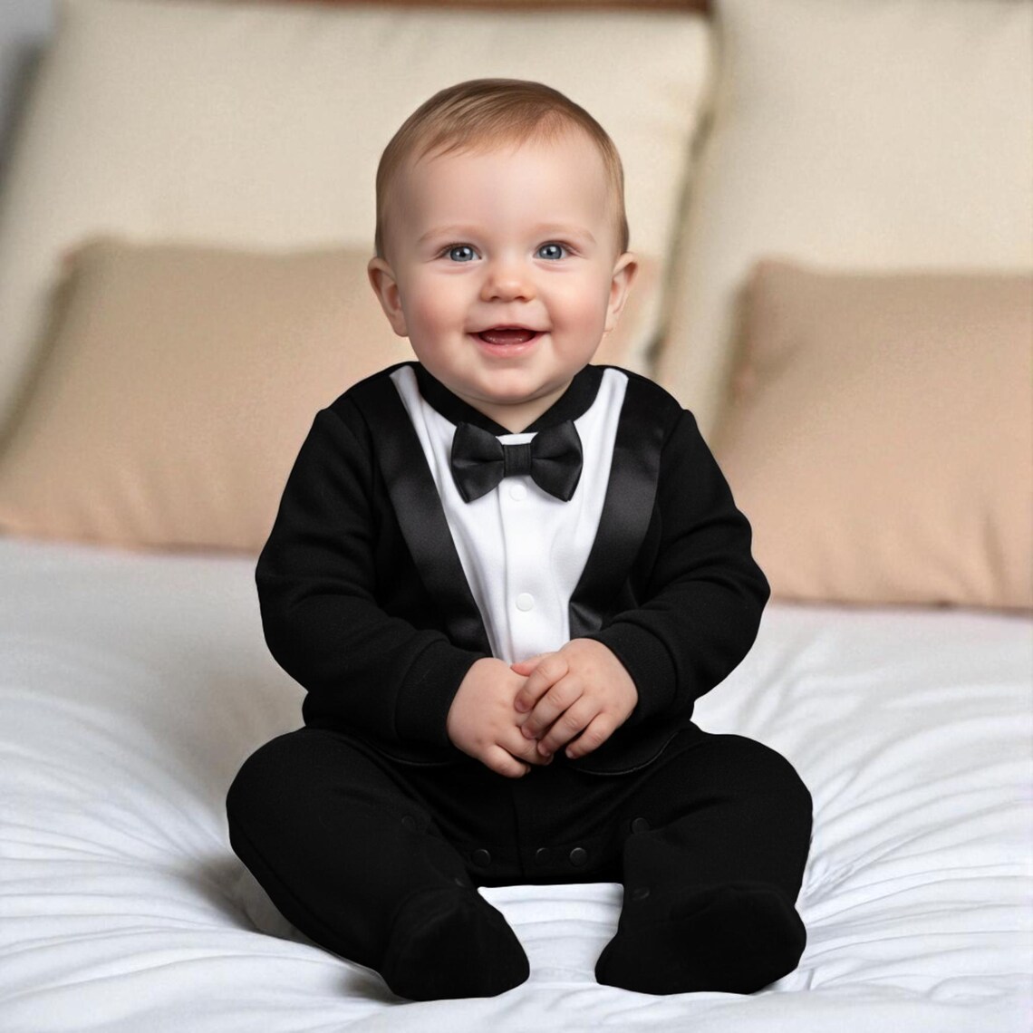 Cotton Baby Boy Tuxedo Romper | Footed Prince Outfit - Etsy
