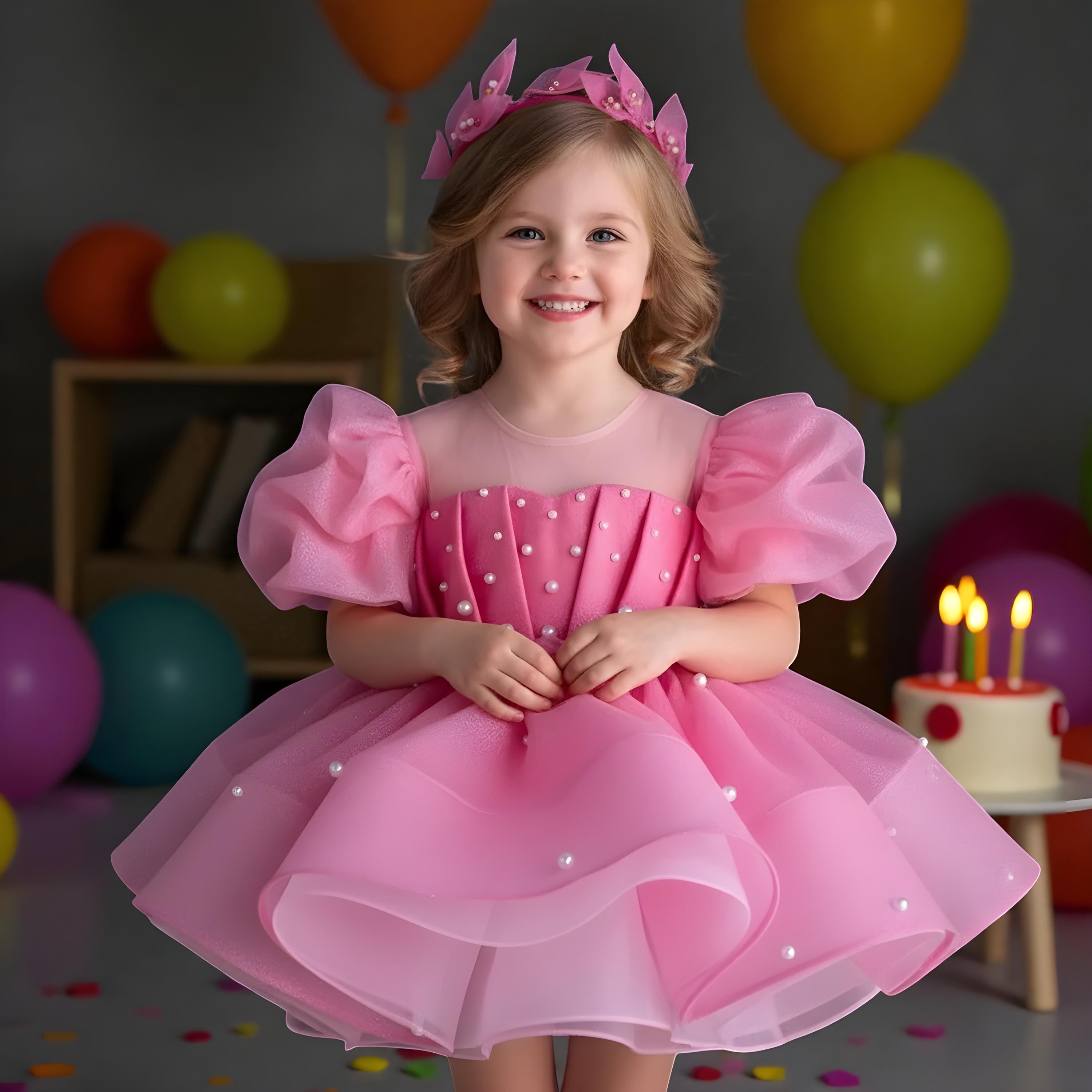 Customized Pink Girl Dress | Short Sleeve Bow Pearl Princess Gown ...