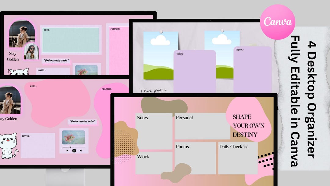 Pink Desktop Organizer Template | Editable Canva Desktop Planner ...