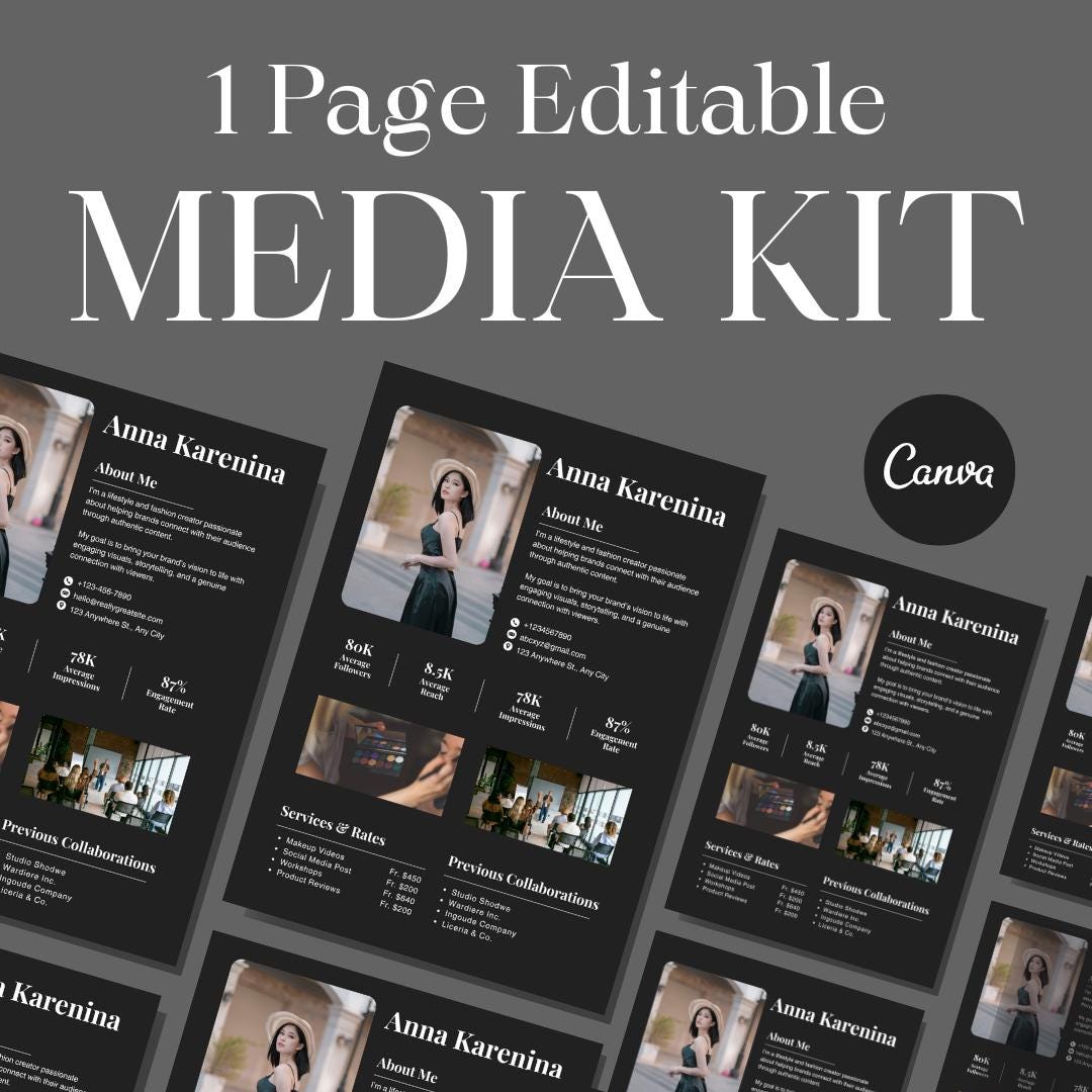 1 Page Media Kit Template Influencer Blogger Kit Editable Canva Press ...