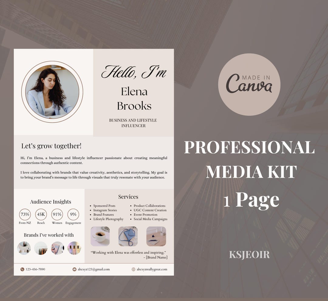 1-page Influencer Media Kit Template | Editable Canva Press Kit + Rate ...