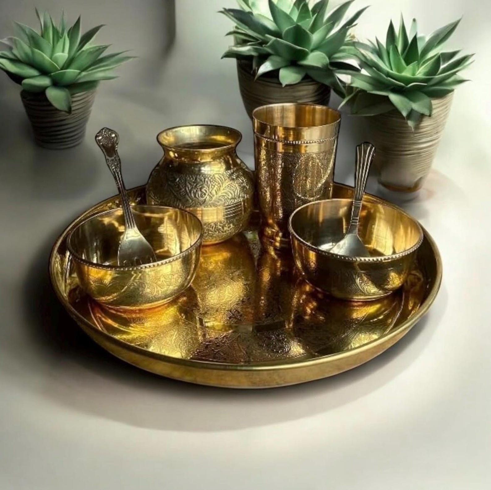 Embossed Brass Thali Dinner Set: 7-piece Traditional Indian Dining - Etsy
