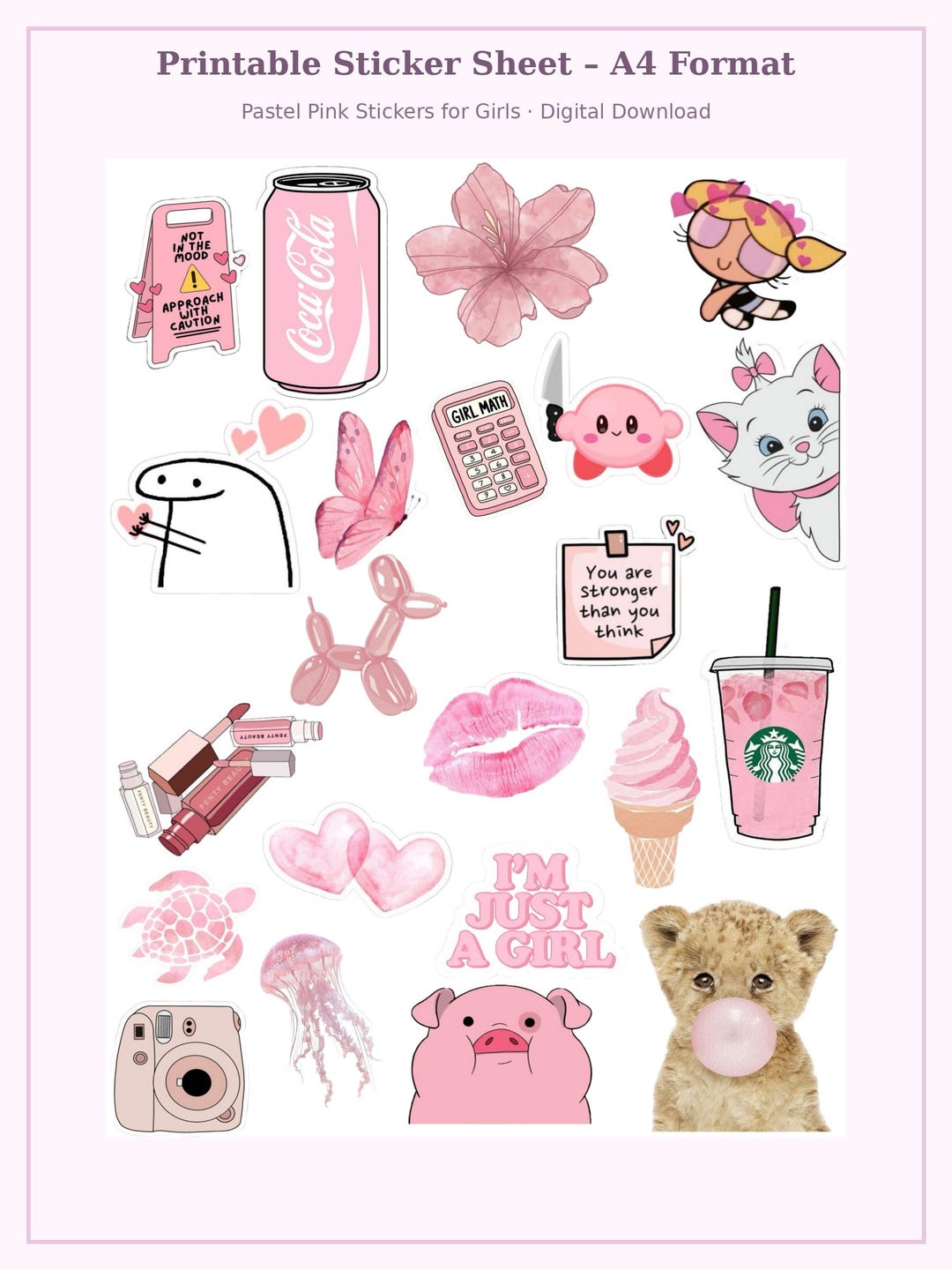 Pink Pastel Planner Stickers: Self-care A4 Sheet + 20 PNG Files ...