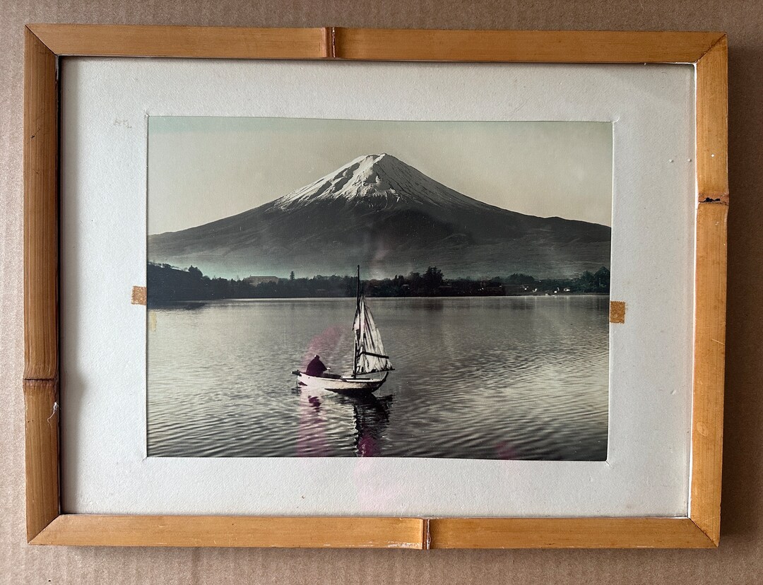 Japanese Vintage Hand Colored Photograph of Mount Fuji With Sailboat FL ...