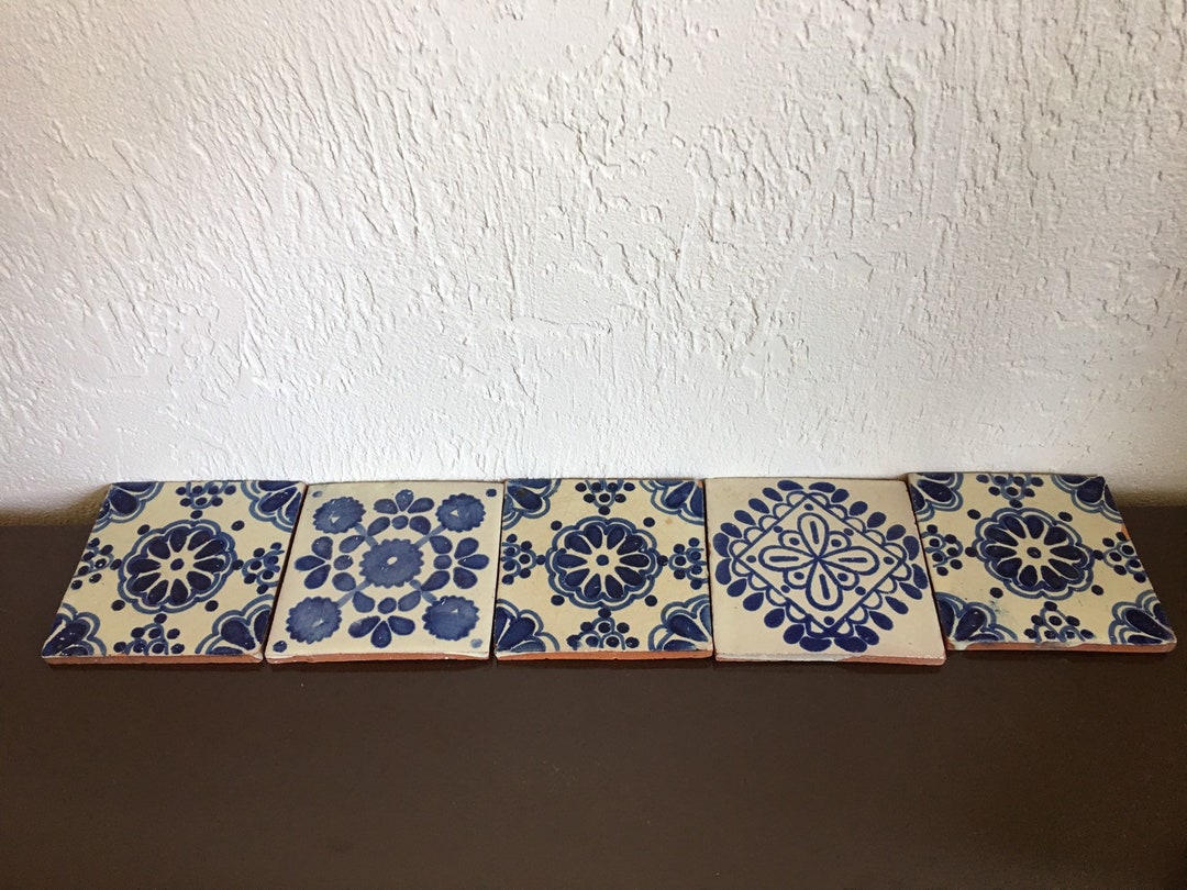 Set of Five Hand Made Hand Painted Mexican Tiles / Talavera White and ...