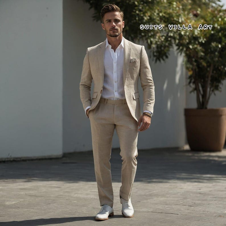 Light Beige Linen Suit: Slim Fit 2-piece Summer Wedding Outfit - Etsy