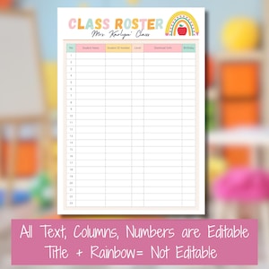 Editable Rainbow Class Roster Template, Teacher Class List, Printable ...