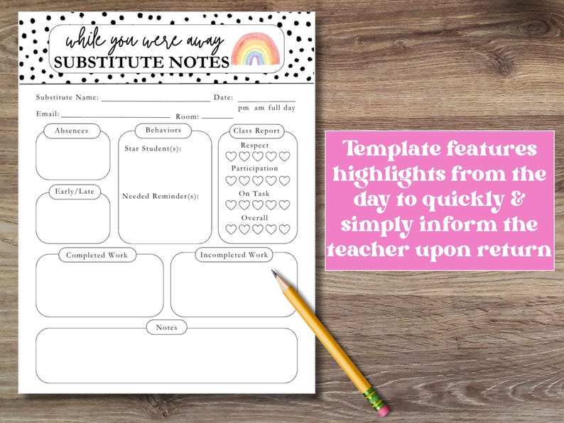 Substitute Teacher Report Form | Sub Notes Template | Classroom ...