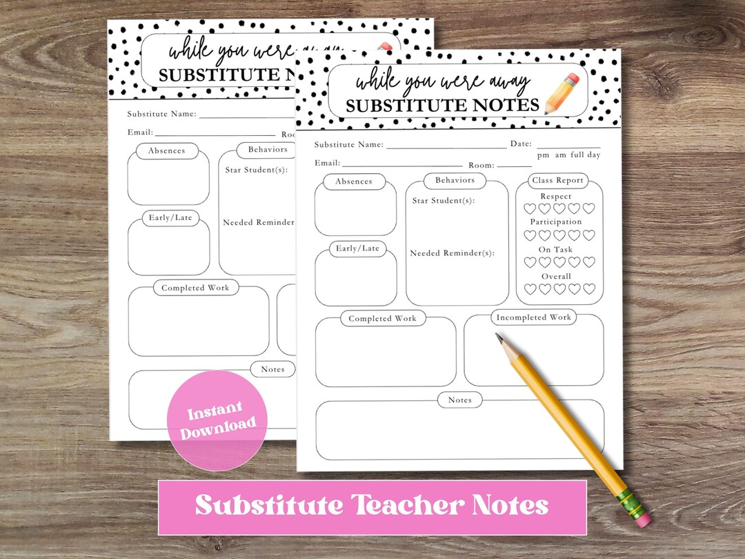 Substitute Teacher Report Form | Sub Notes Template | Classroom ...