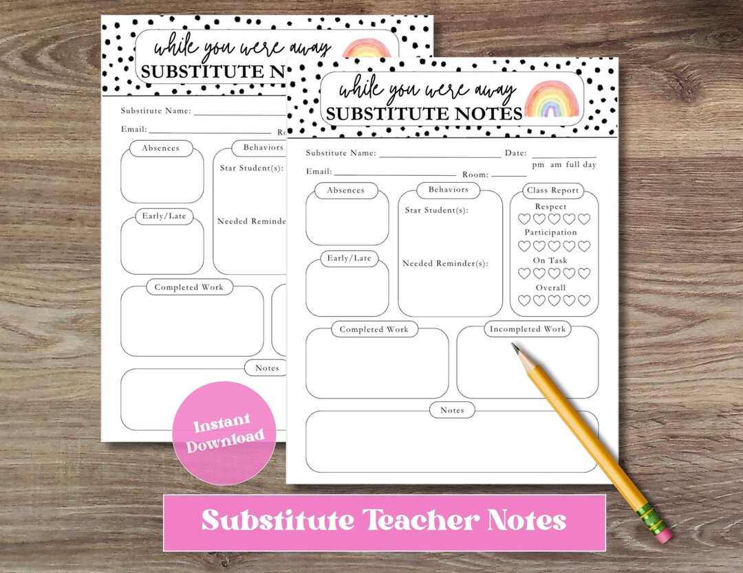 Substitute Teacher Report Form | Sub Notes Template | Classroom ...