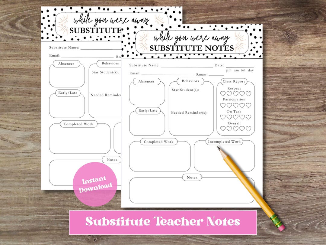 Substitute Teacher Report Form | Sub Notes for Teacher | Substitute ...