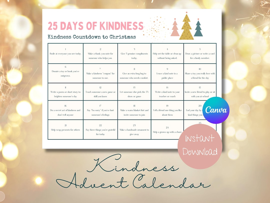 25 Days of Kindness Advent Calendar, Editable Kids Christmas Countdown ...
