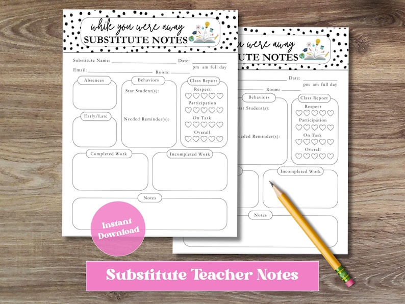 Substitute Teacher Report Form | Sub Notes Template | Classroom ...