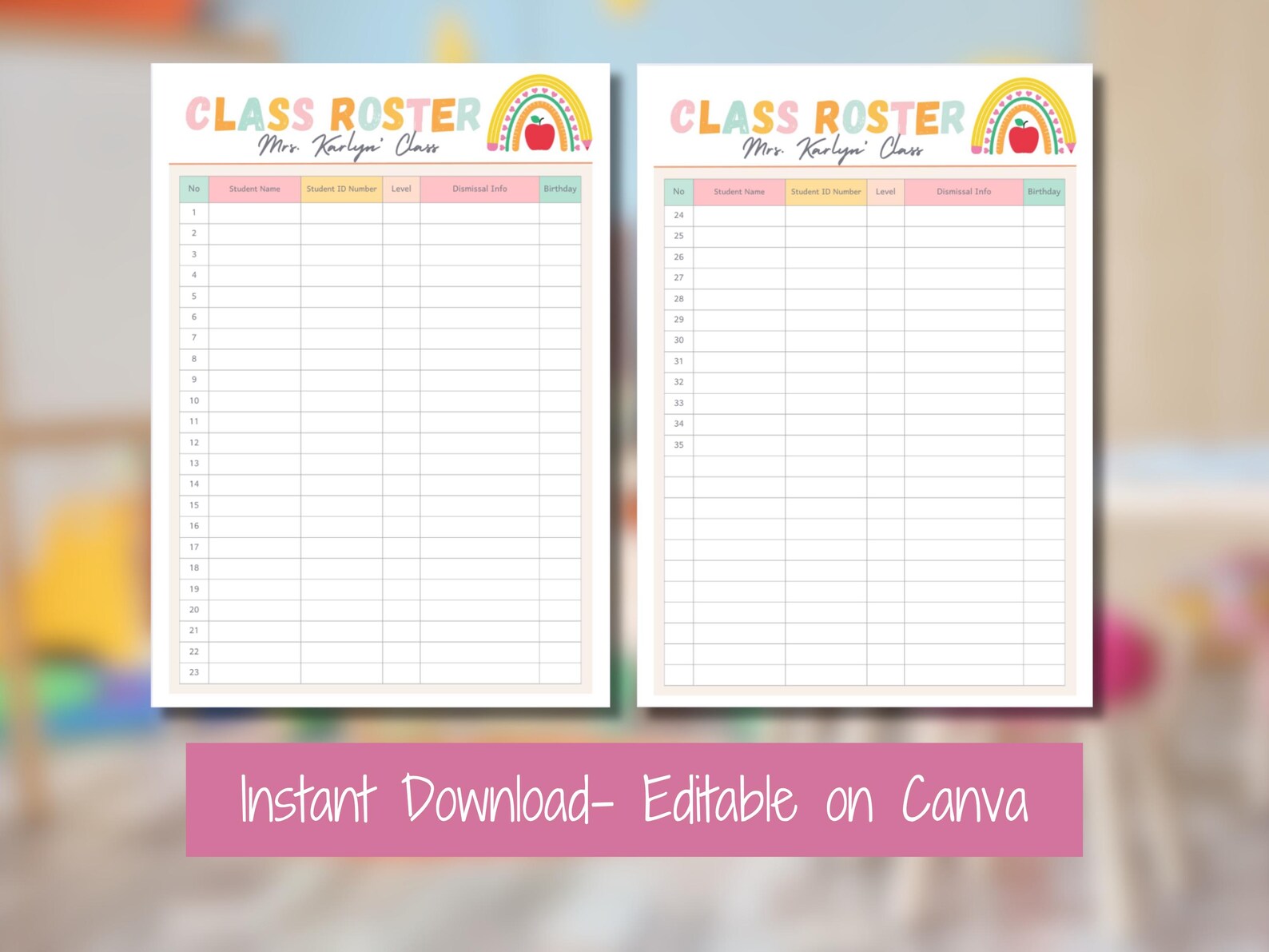 Editable Rainbow Class Roster Template, Teacher Class List, Printable ...