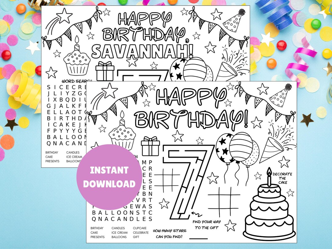 Personalizable 7th Birthday Coloring Page: Editable Activity Placemat ...