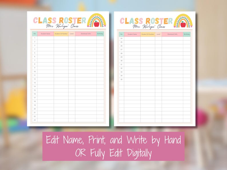 Editable Rainbow Class Roster Template, Teacher Class List, Printable ...