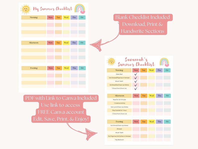 Editable Kids Summer Checklist: Daily Routine Chart, Summer Schedule ...
