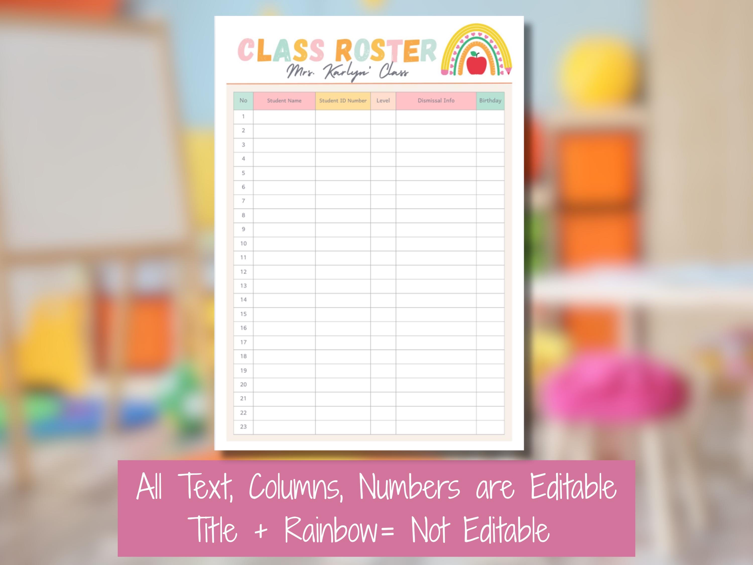 Editable Rainbow Class Roster Template, Teacher Class List, Printable ...