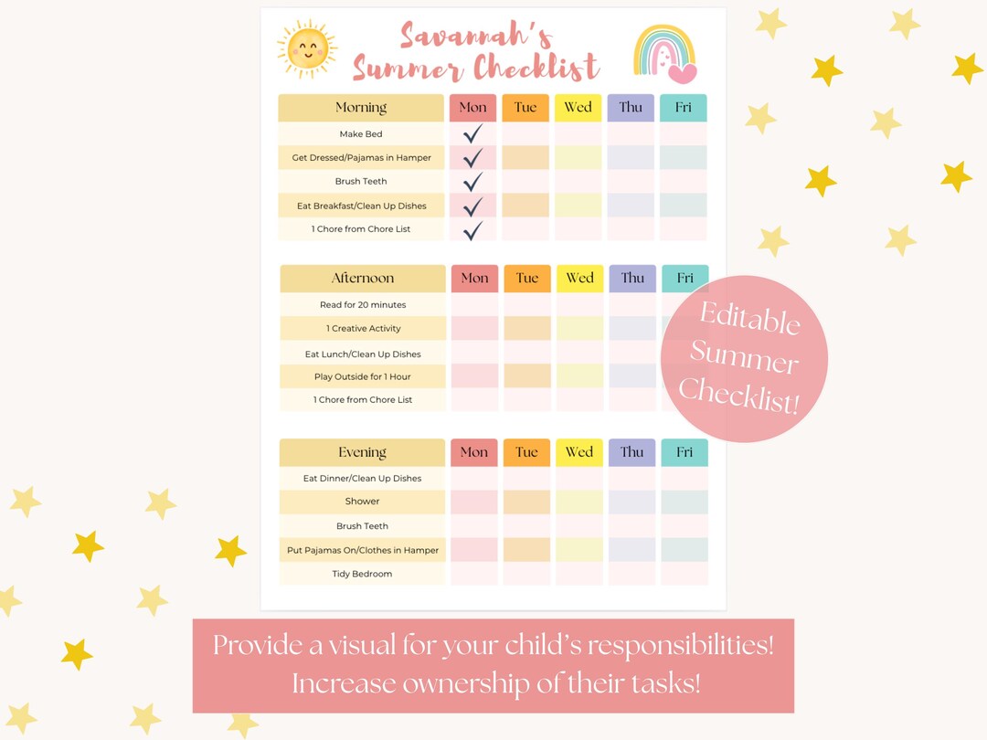 Editable Summer Checklist for Kids, Kid Visual Summer Schedule ...