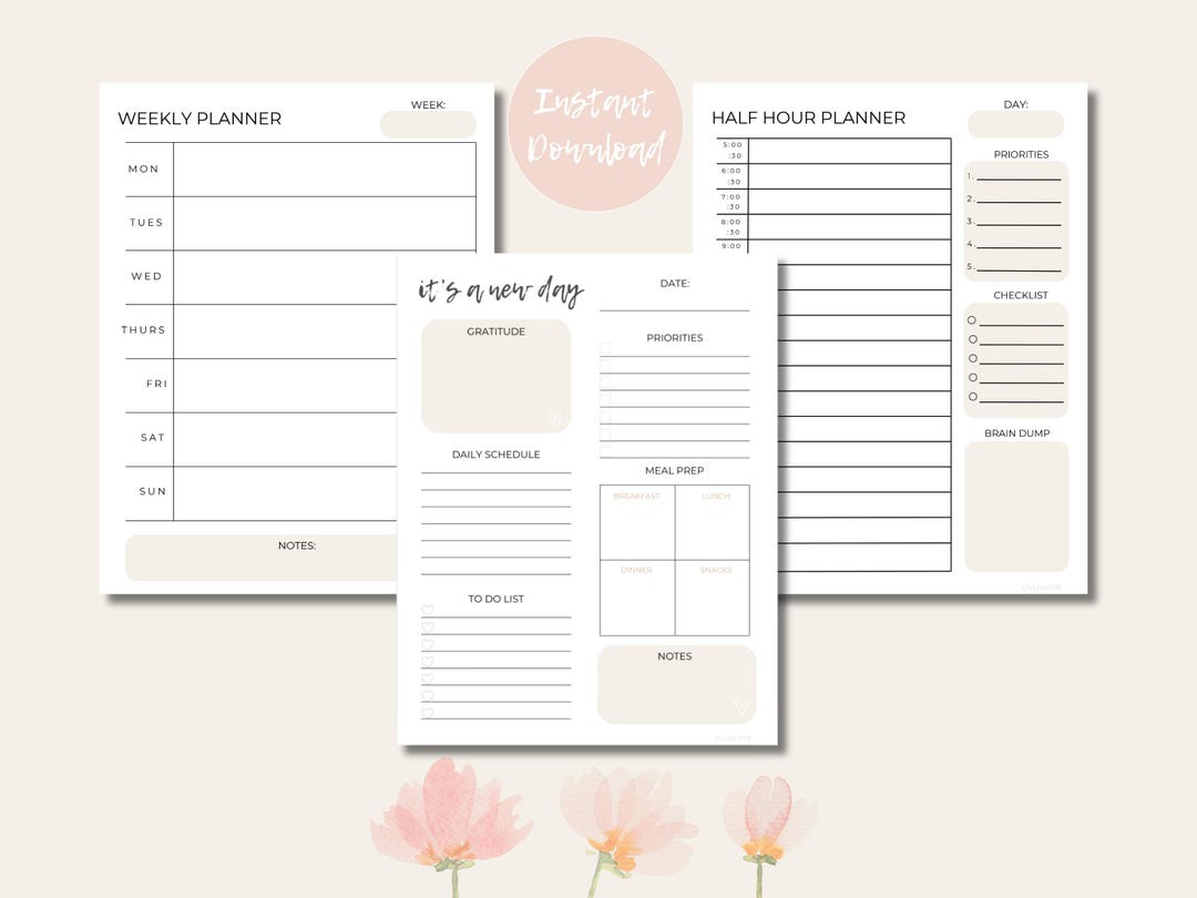 Printable Daily Planner Bundle: Half-hour Schedule, Weekly Organizer ...