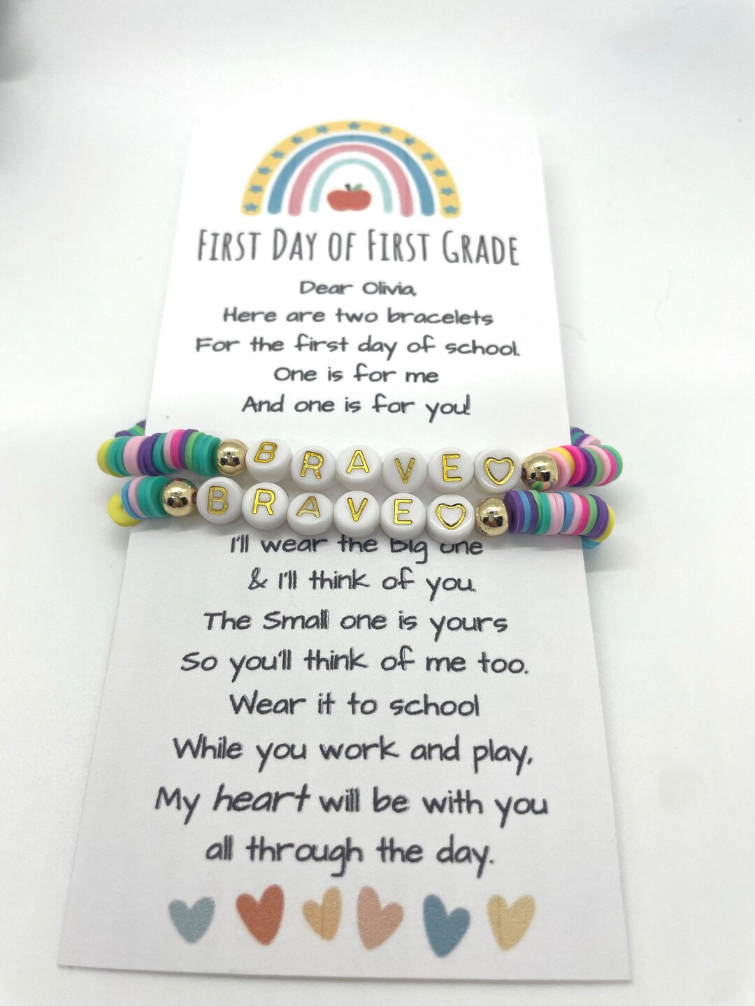 Personalized First Day of School Bracelet: Rainbow Heishi Brave ...