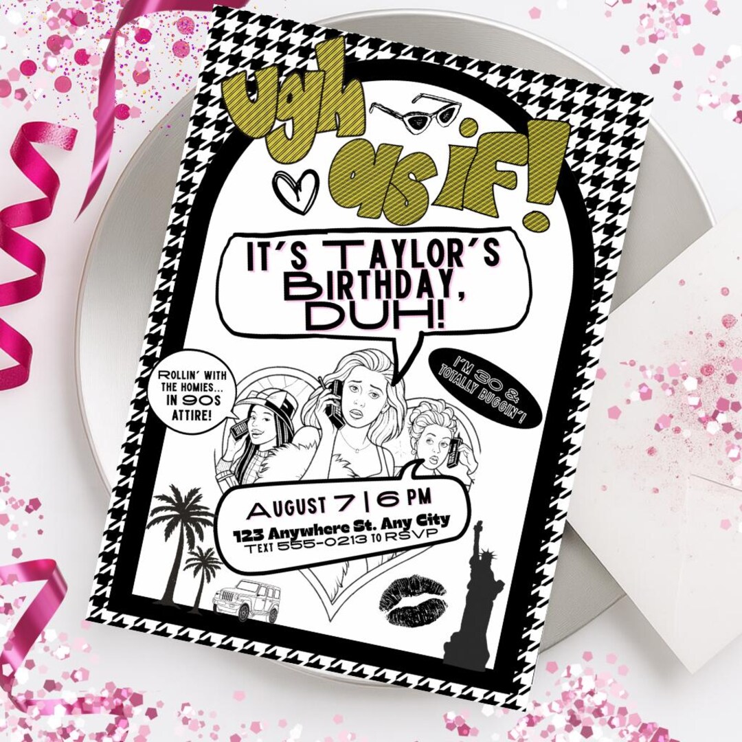Clueless Birthday Invitation | Canva Template 90s Party Invite Editable ...