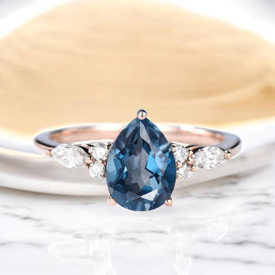 14k Solid Gold London Blue Topaz Ring Pear Cut Topaz Diamond Ring ...
