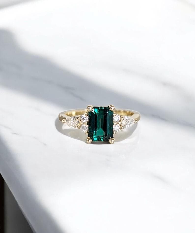 14K Gold Vermeil Lab Emerald Ring: Art Deco Sterling Silver Statement ...