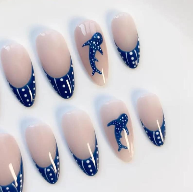 Whale Shark Nails Blue French Tips Nails Whale Shark Press On Nails