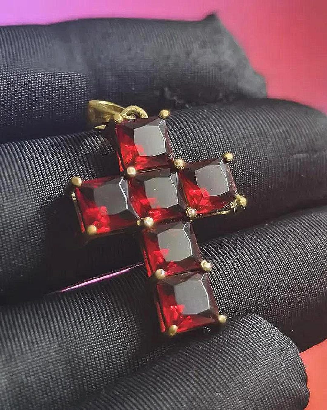 Simulated Red Garnet Princess Cut Cross Pendant 14K Yellow Gold Finish ...