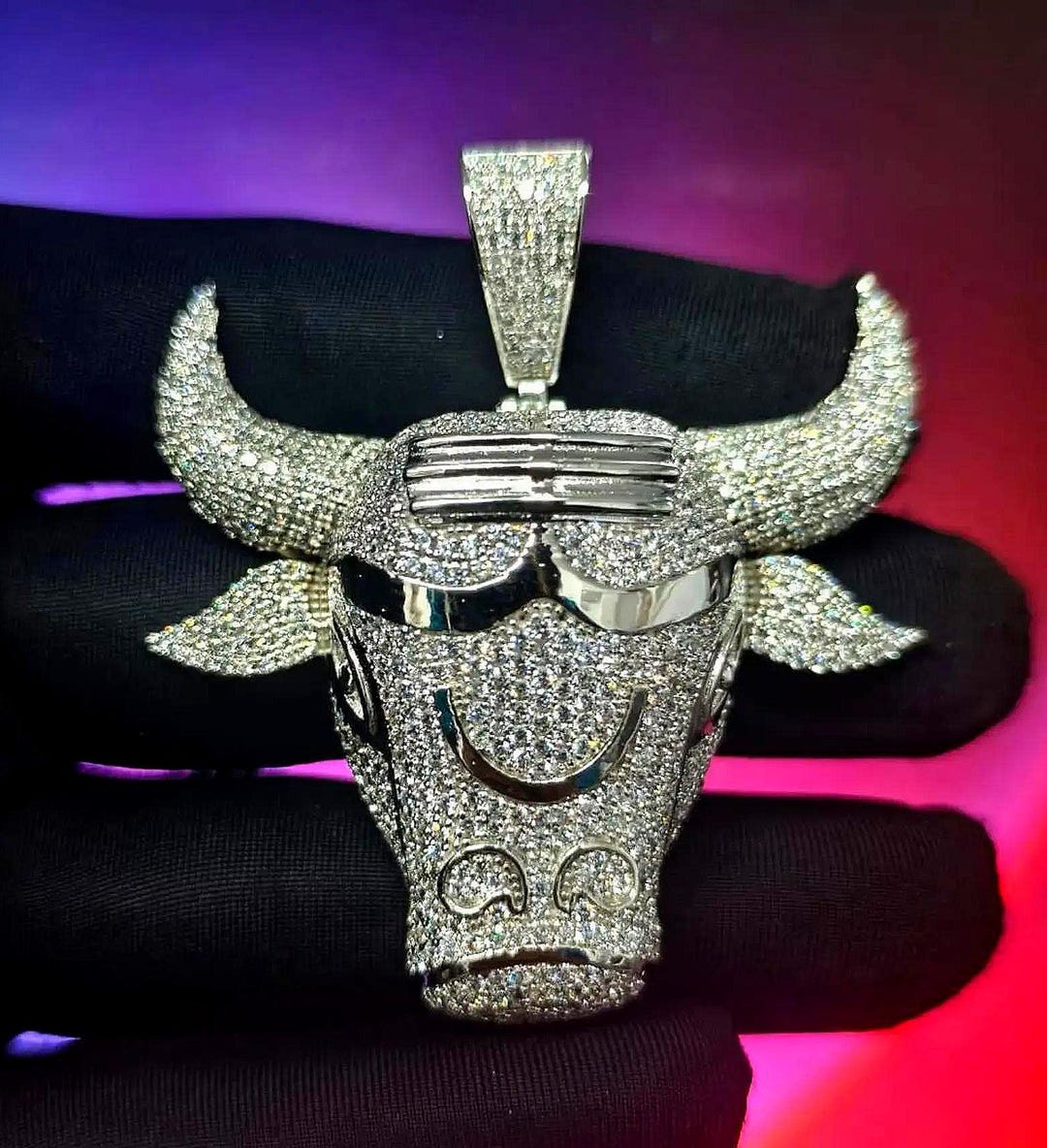 Simulated Diamond Bull Head Pendant, 14K White Gold Finish, Sterling ...