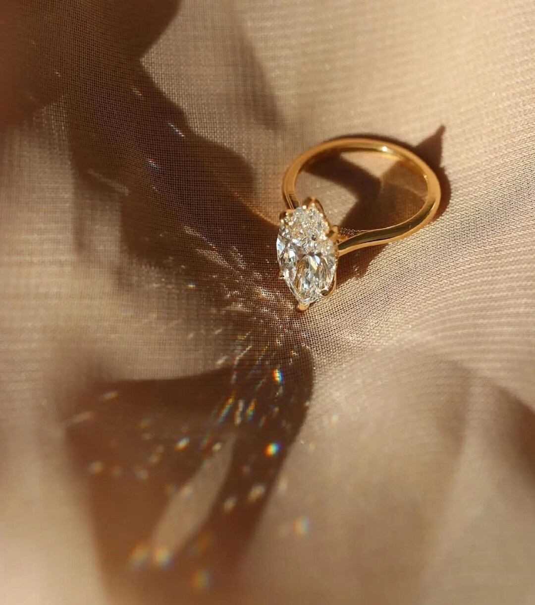 14k Yellow Gold Marquise Moissanite Ring, Hidden Halo Engagement ...