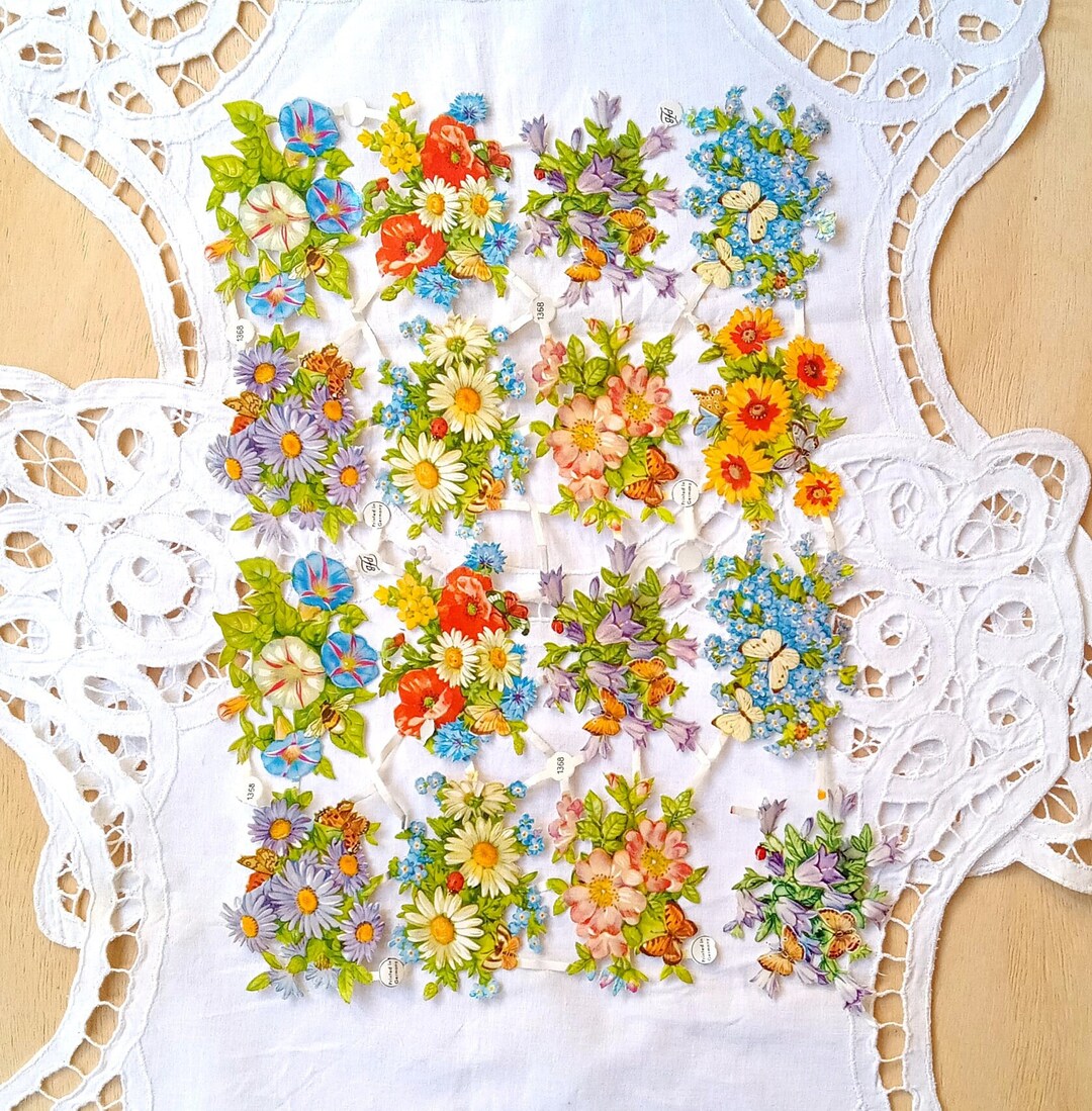 Vintage German Scrap Releifs Die Cut Flowers Embossed 16 Pc Full Sheet ...