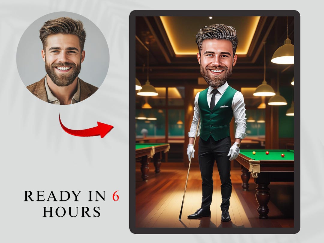 Custom Pool Player Caricature Drawing From Photo – Funny Billiards ...