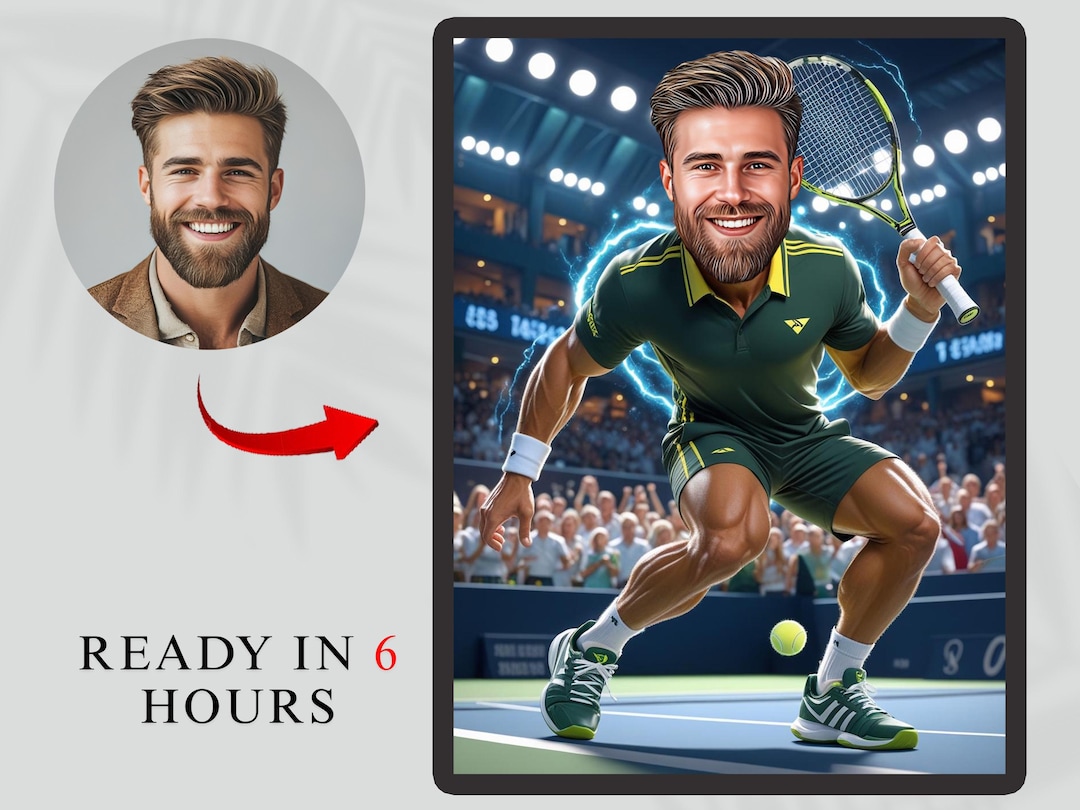 Custom Tennis Caricature Portrait – Personalized Cartoon Drawing of ...