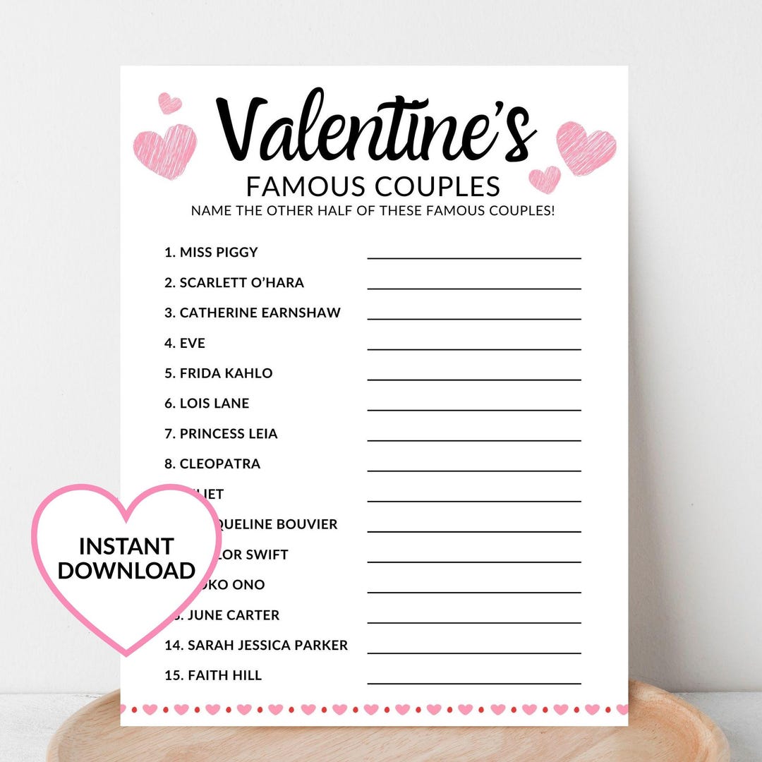 Valentine's Day Famous Couples Game Digital Download Worksheet Party ...
