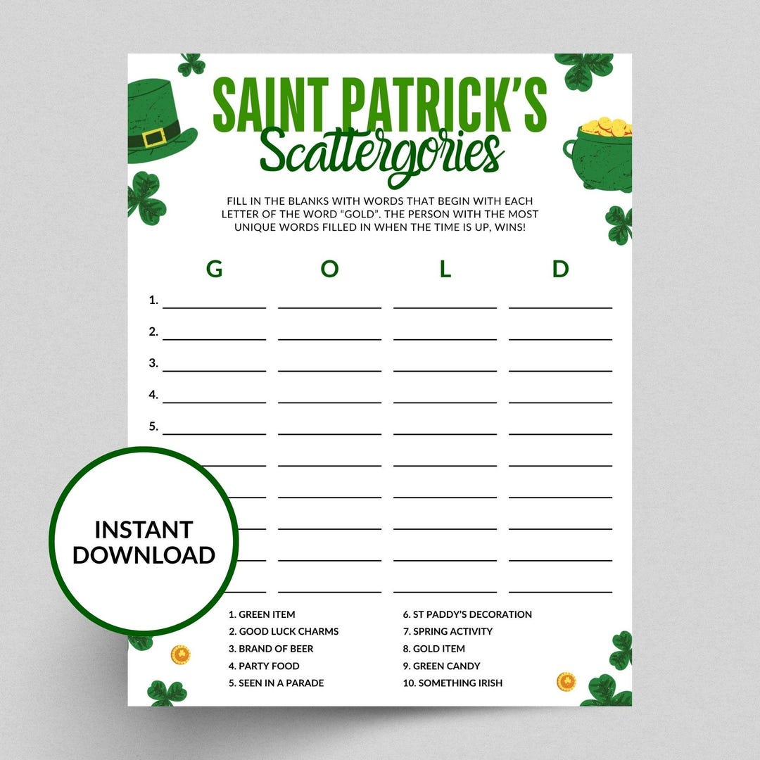St. Patrick's Day Scattergories Digital Download Worksheet Party ...
