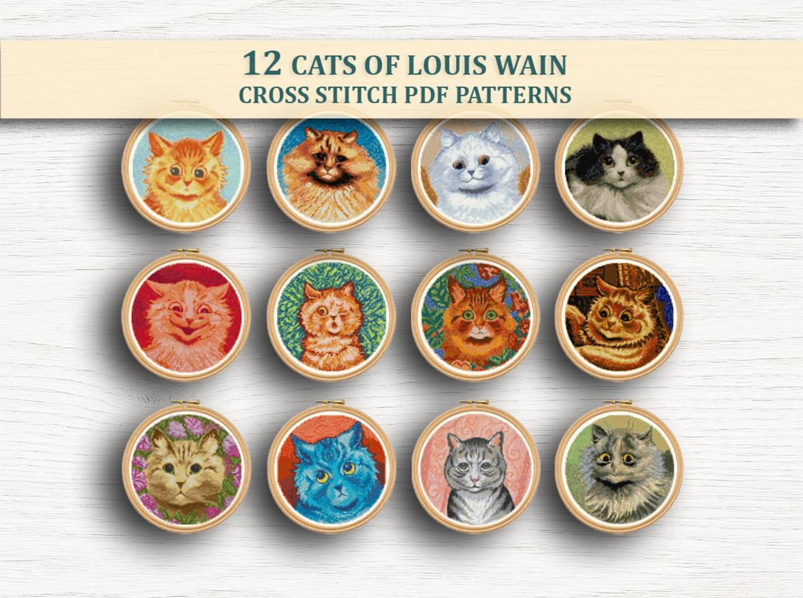 12 Louis Wain Cat Cross Stitch Patterns PDF Bundle – Famous Painting ...