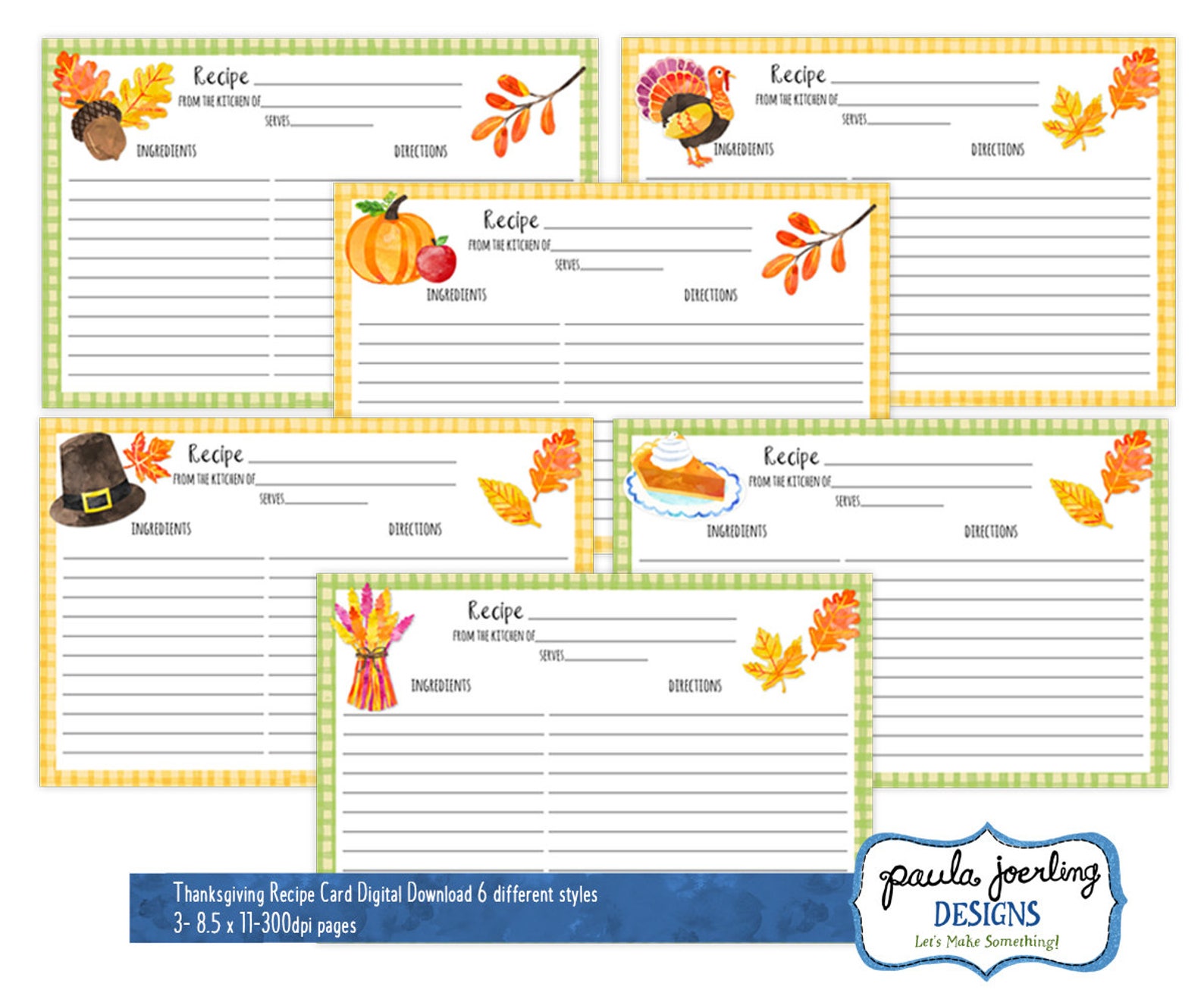 Printable Thanksgiving Recipe Cards, Thanksgiving Watercolor 4 X 6 ...