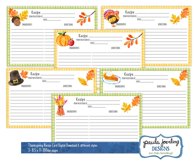 Printable Thanksgiving Recipe Cards, Thanksgiving Watercolor 4 X 6 ...