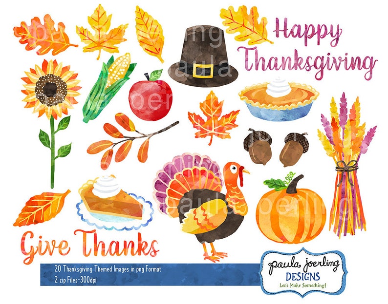 Thanksgiving Clip Art, Watercolor Thanksgiving Clip Art, Digital ...