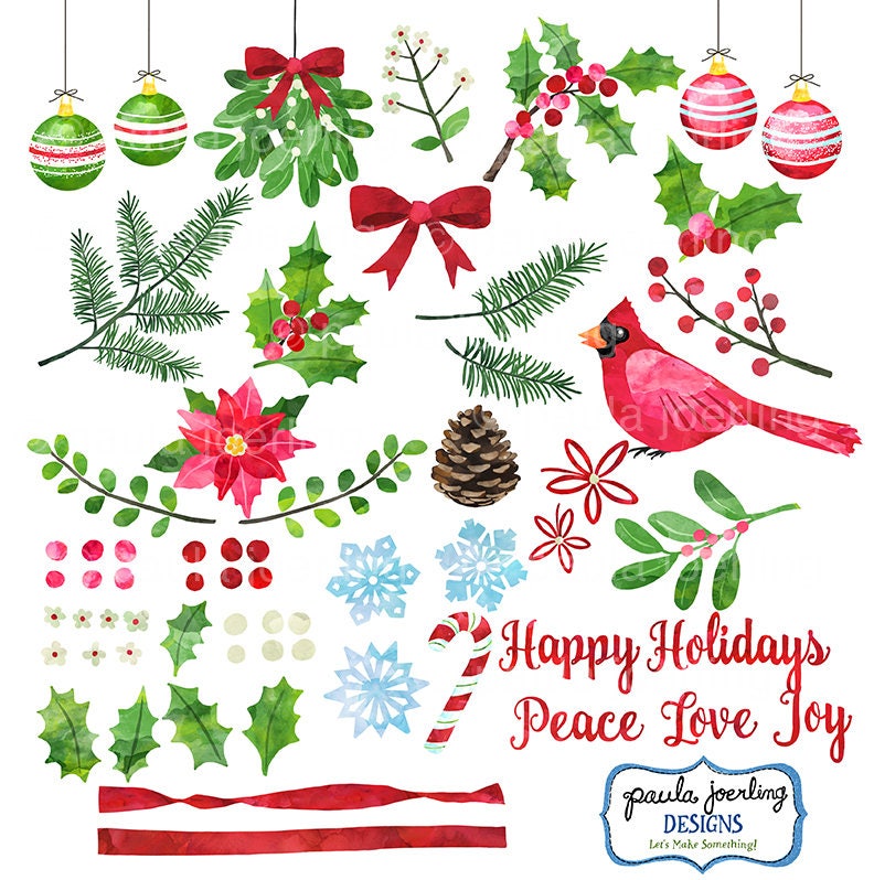 Christmas Flora Clip Art, Watercolor Winter Holiday Clip Art, Digital ...
