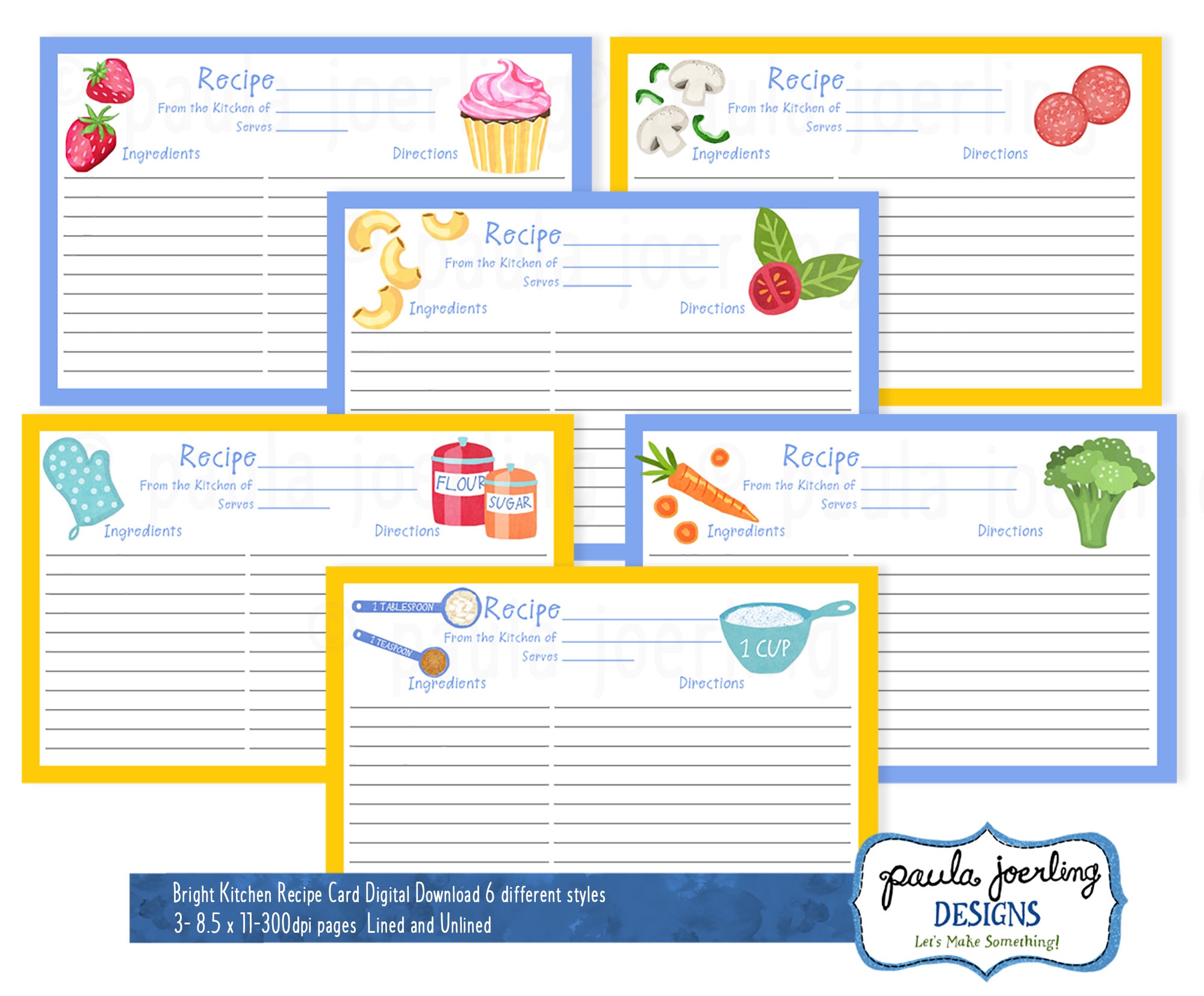Printable Recipe Cards, Bright Kitchen 4 X 6 Recipe Card, Food Themed ...