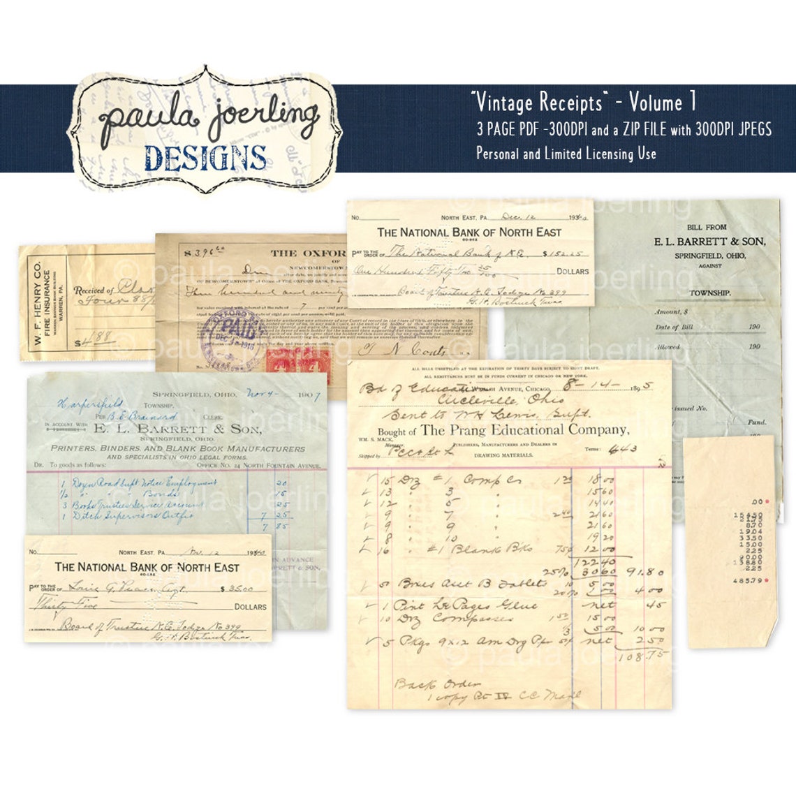 Printable, Vintage Receipts Digital Download, Ephemera, Scrapbook Paper ...