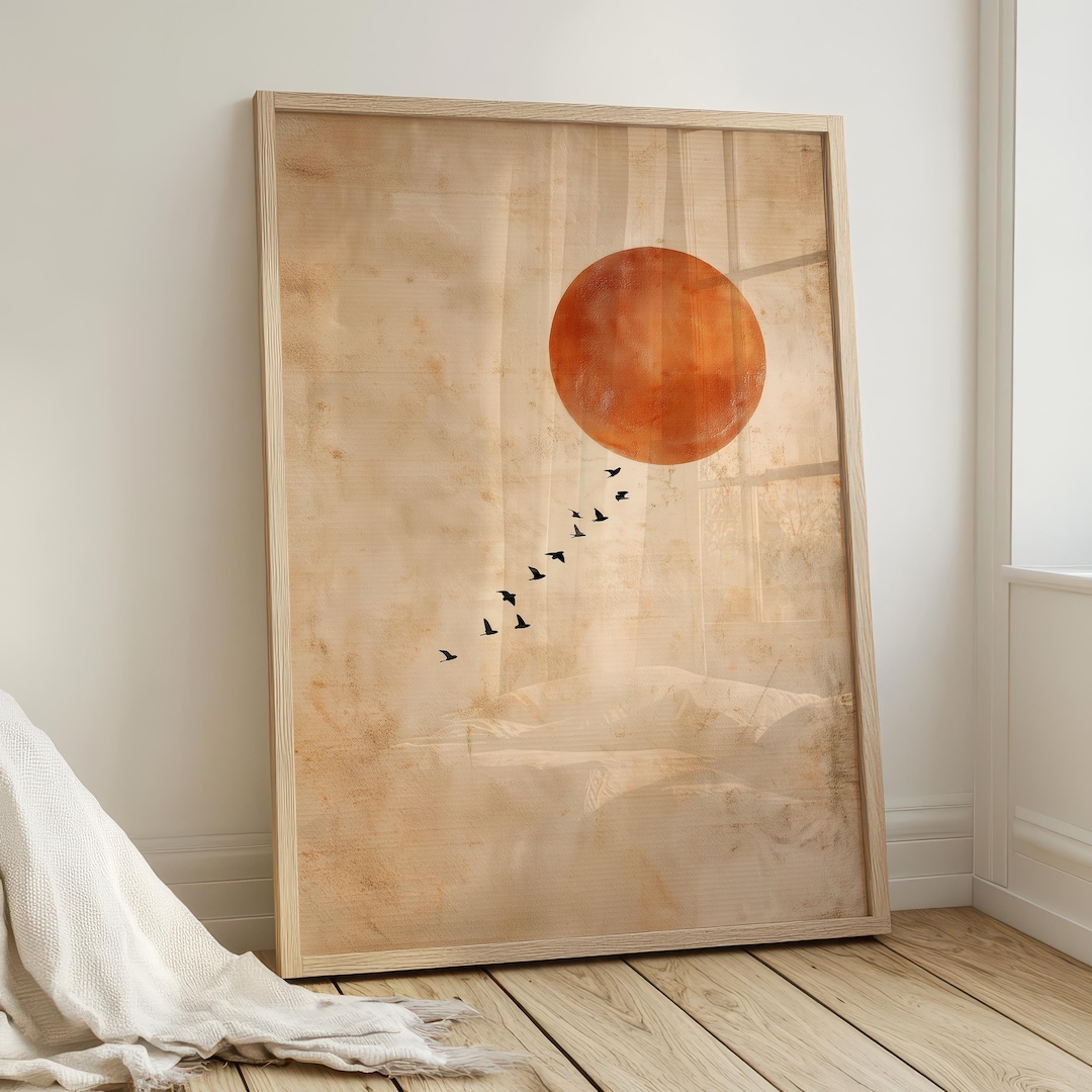 Japandi Sun Wall Art | Wabi Sabi Minimalist Print With Birds | Neutral ...